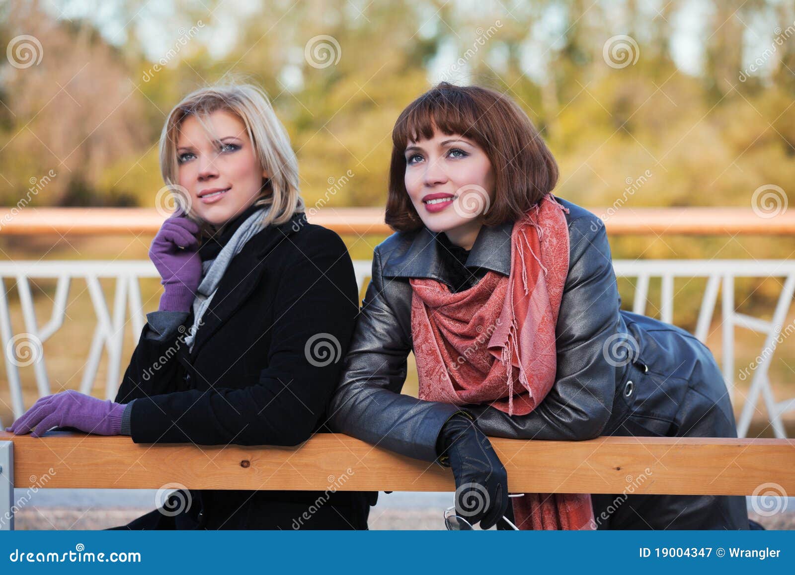 Two young women on a bench stock image. Image of face - 19004347