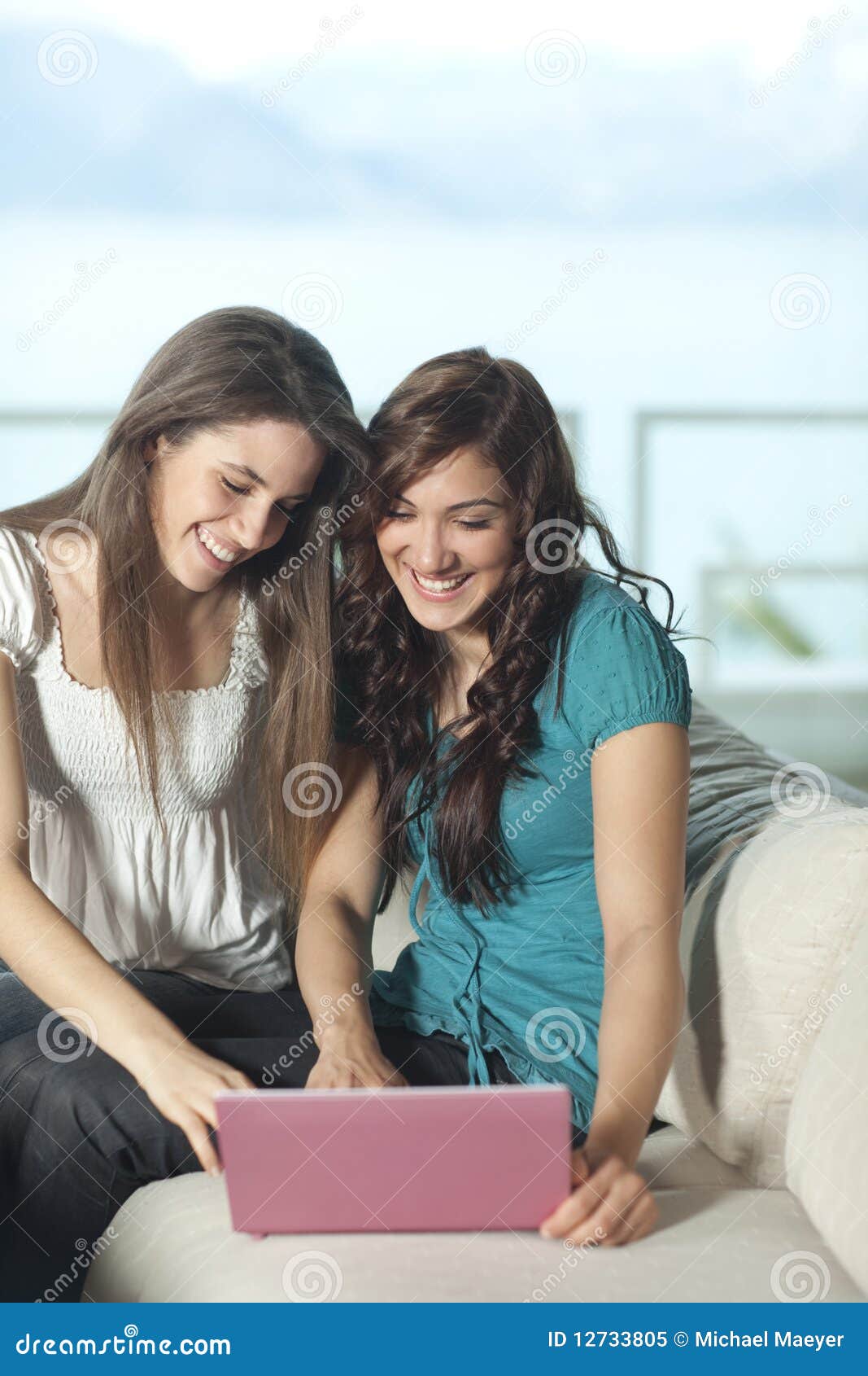 Two Young Women with Computer Stock Image - Image of mountains, laptop ...