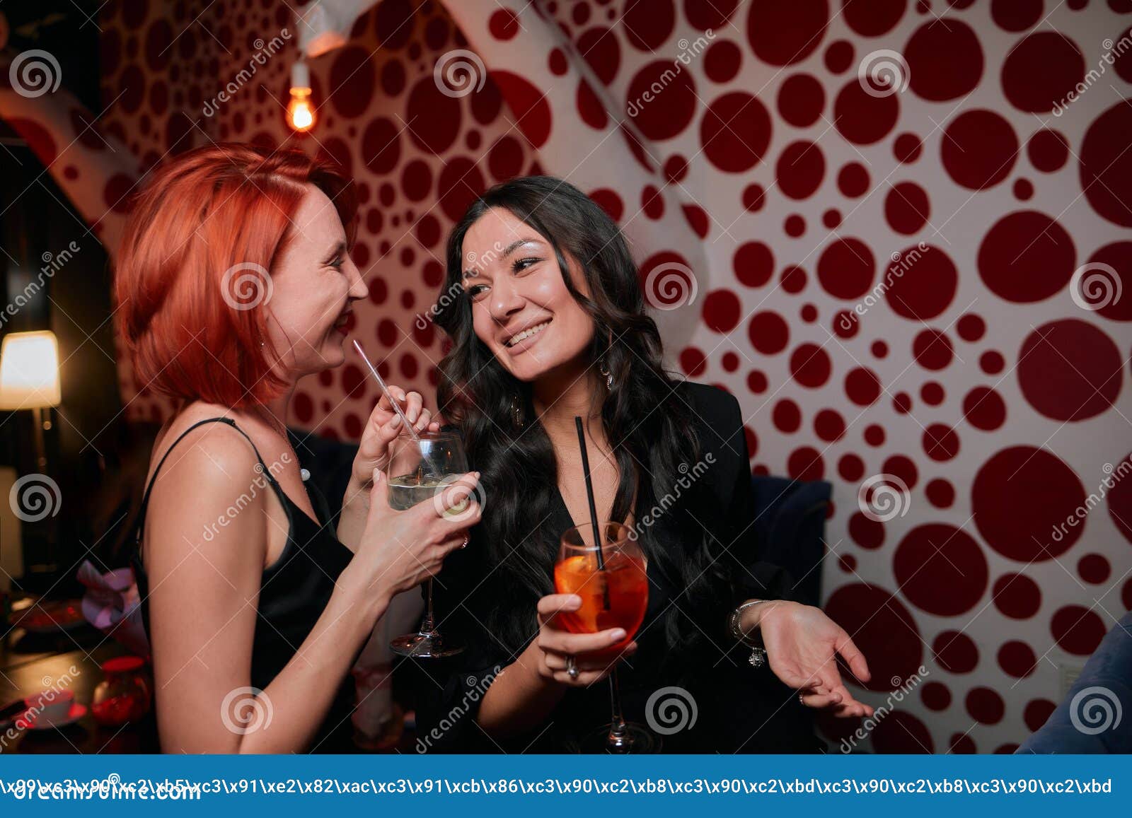 Two Young Women Having Fun in Busy Bar. Stock Photo - Image of ...