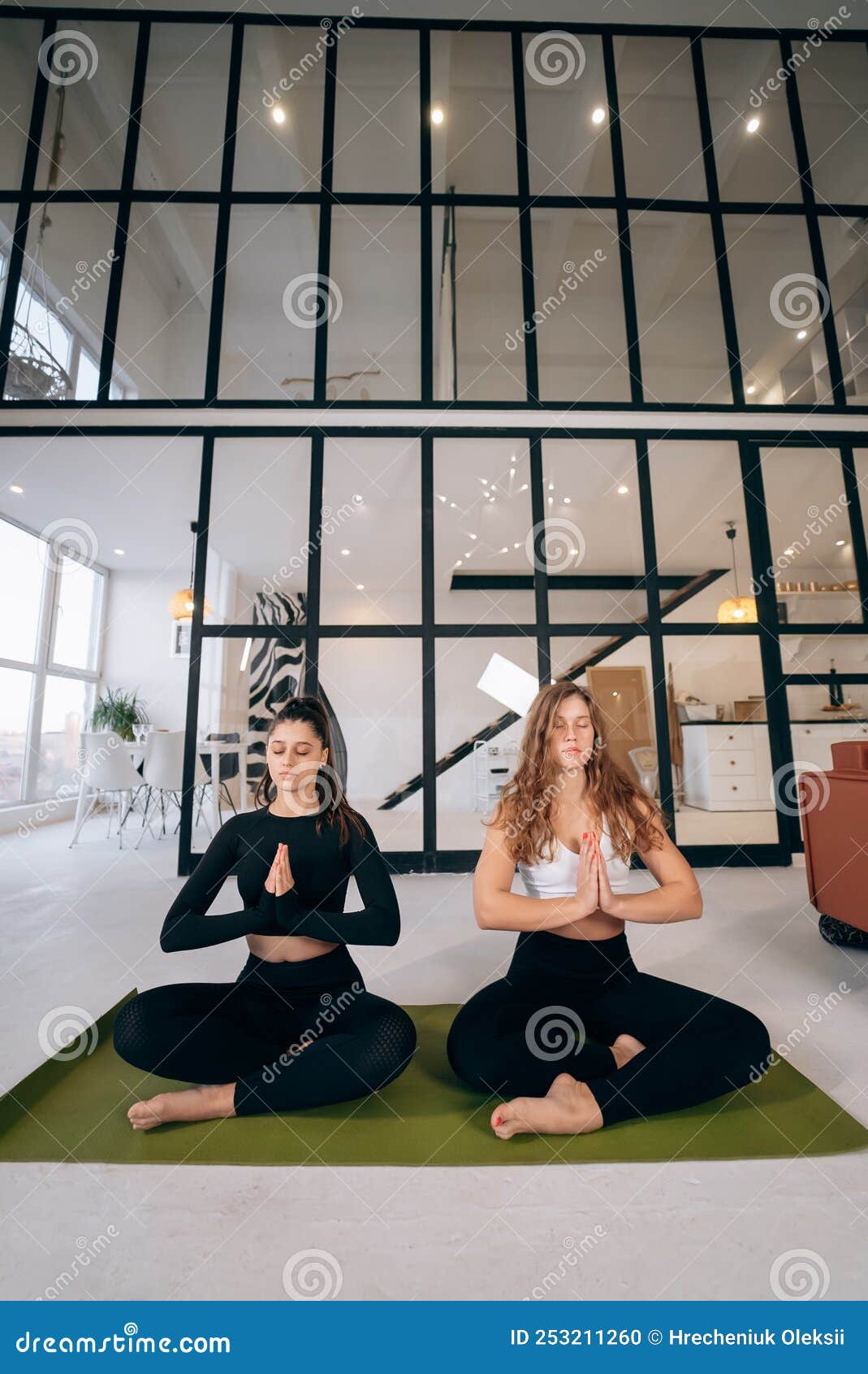 Two Young Women Meditating In Lotus Pose With Hands In Namaste Stock