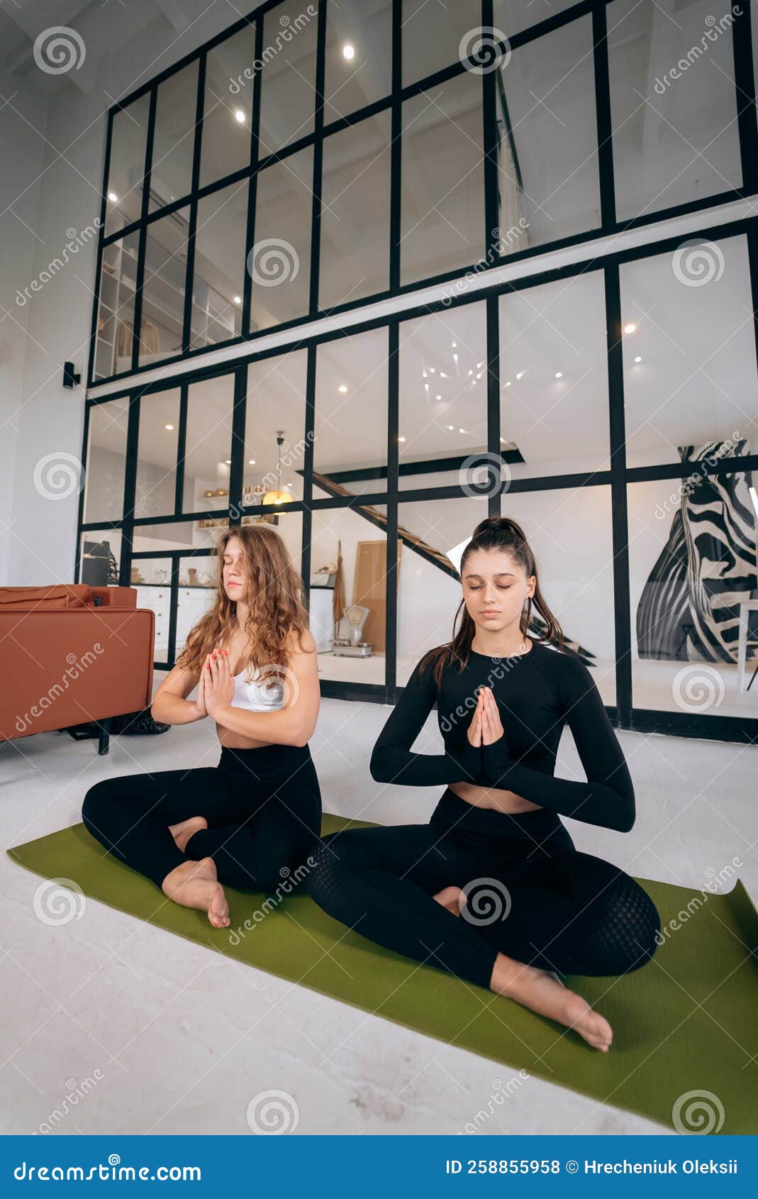 Two Young Women Meditating In Lotus Pose With Hands In Namaste Stock