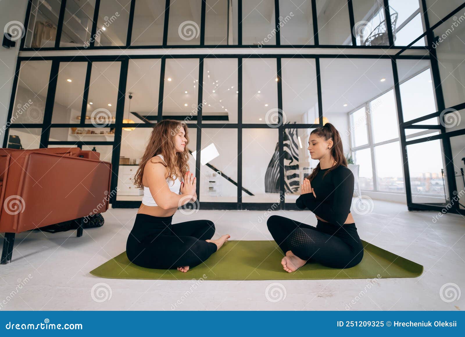 Two Young Women Meditating In Lotus Pose With Hands In Namaste Stock