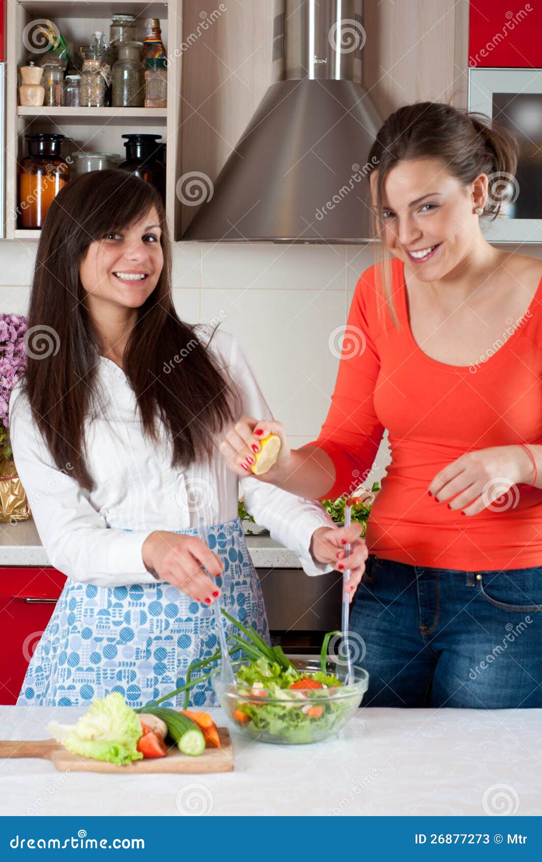 Two Young Women in Modern Kitchen Stock Image - Image of food, dinner ...