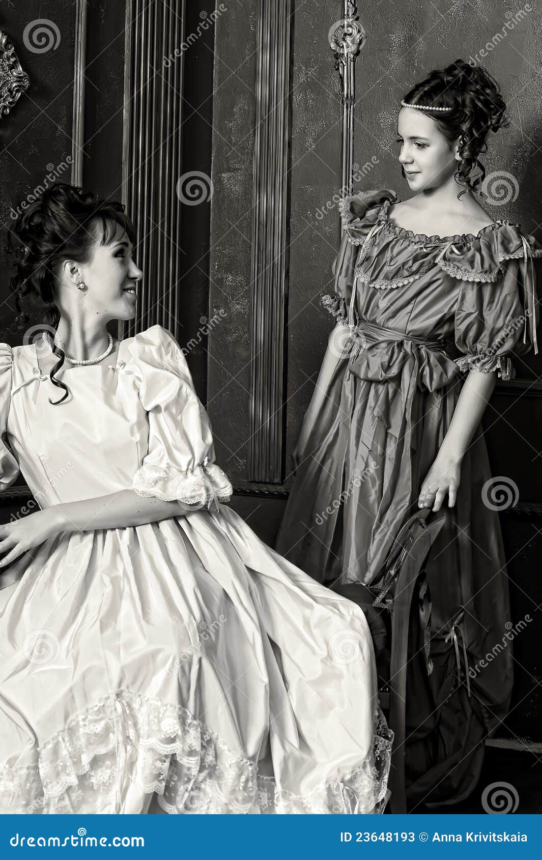 Two Young Women in Retro Dresses Stock Image - Image of head, costume ...
