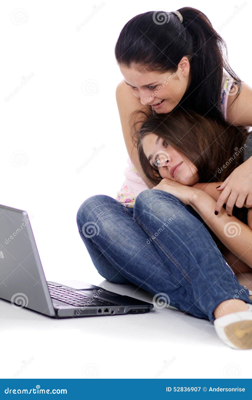 Two Young Women Using Laptop Stock Image - Image of joyful, clothing ...