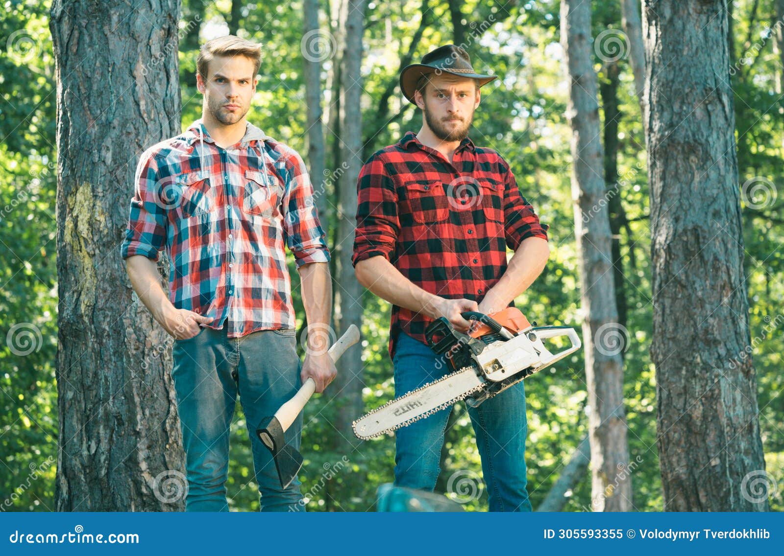 Two Ypung Lumberjack Man Holds Axe. Brutal Lumberjack Concept. Stock ...