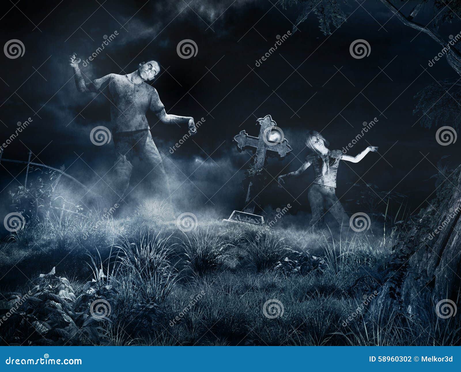 Two Zombies at the Cemetery Stock Illustration - Illustration of night ...