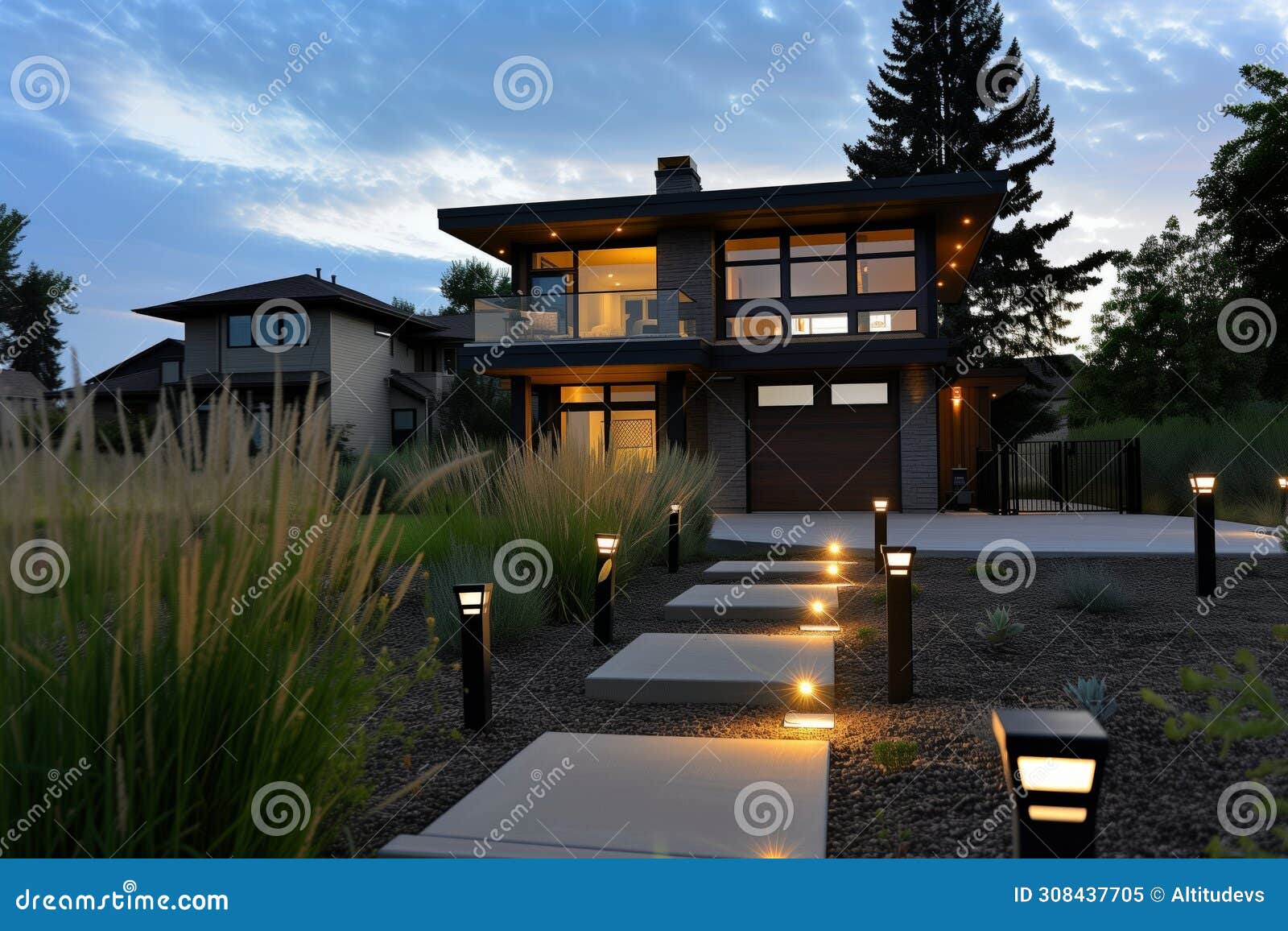 Twostory Modern Home with Led Path Lights at Dusk Stock Image - Image ...