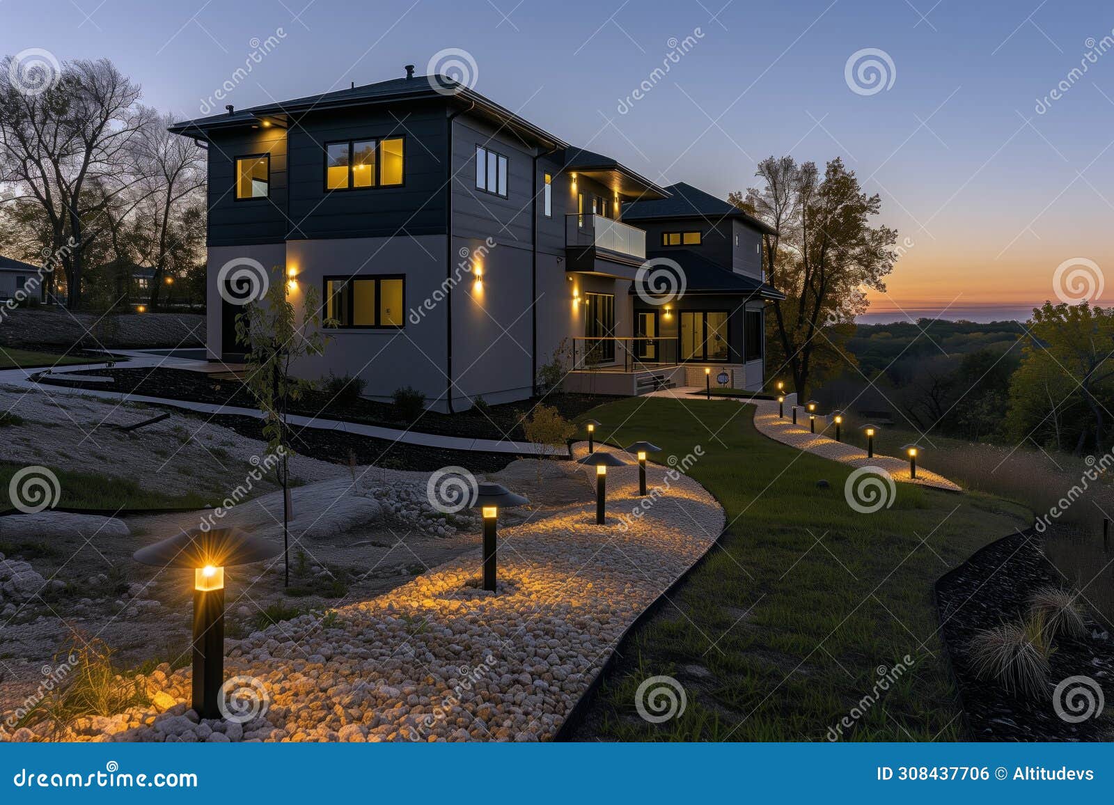 Twostory Modern Home with Led Path Lights at Dusk Stock Photo - Image ...