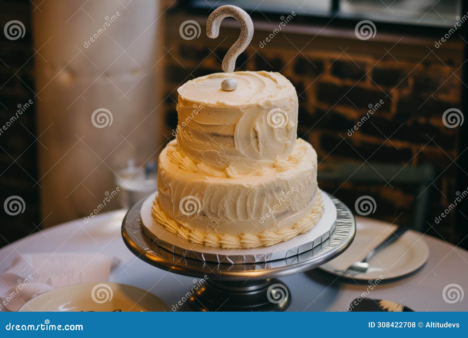 Twotier Cake with a Question Mark on Top Stock Photo - Image of baking ...