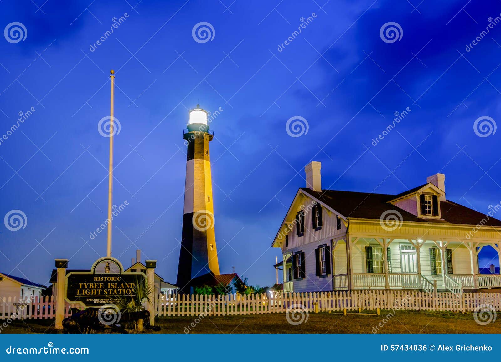 Tybee Island Beach Lighthouse with Thunder and Lightning Editorial ...