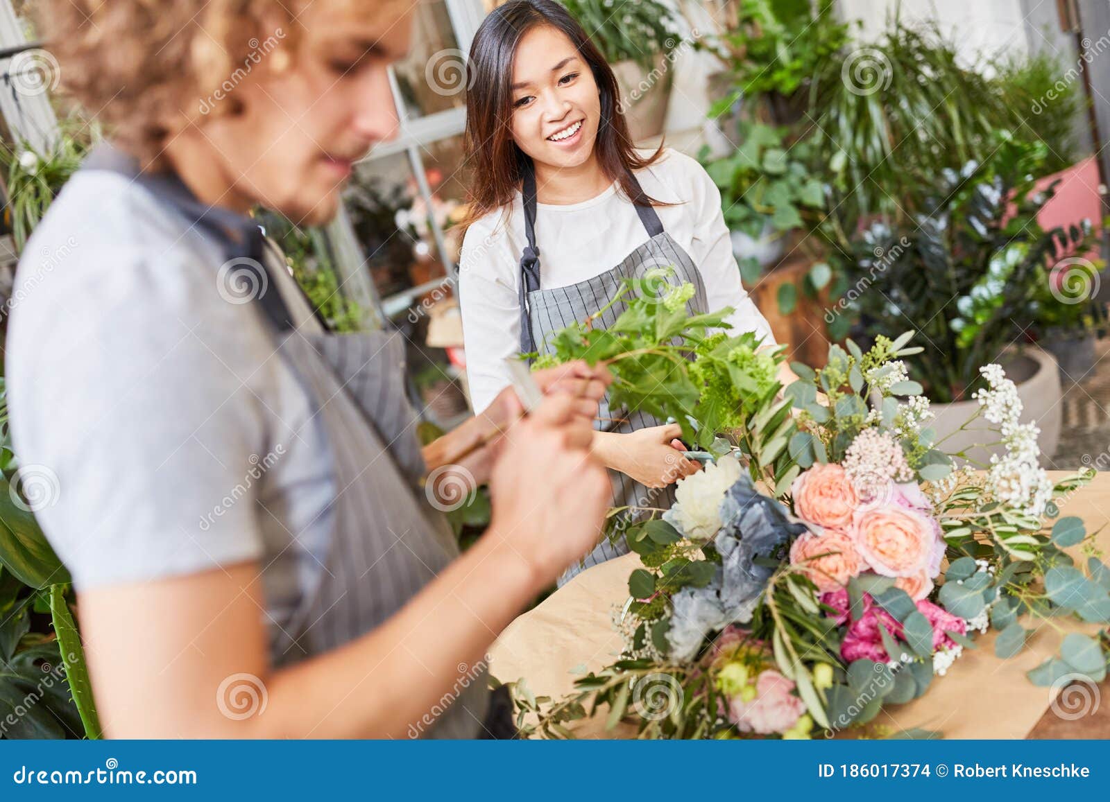 Tying Florists in Training at the Bouquet Stock Photo - Image of staff ...