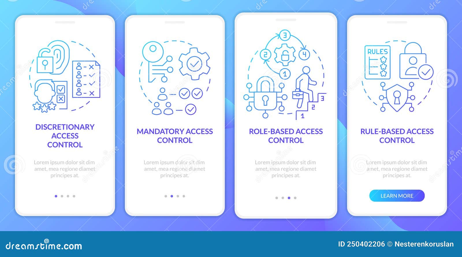 Types of Access Control Blue Gradient Onboarding Mobile App Screen ...