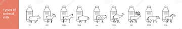Types of Animals Milk Vector Linear Icon, Illustration of Animals ...
