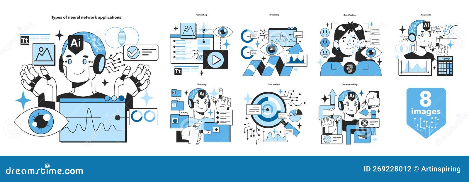 Types Of Artificial Neural Network Applications Set Self Learning Computing Stock Vector
