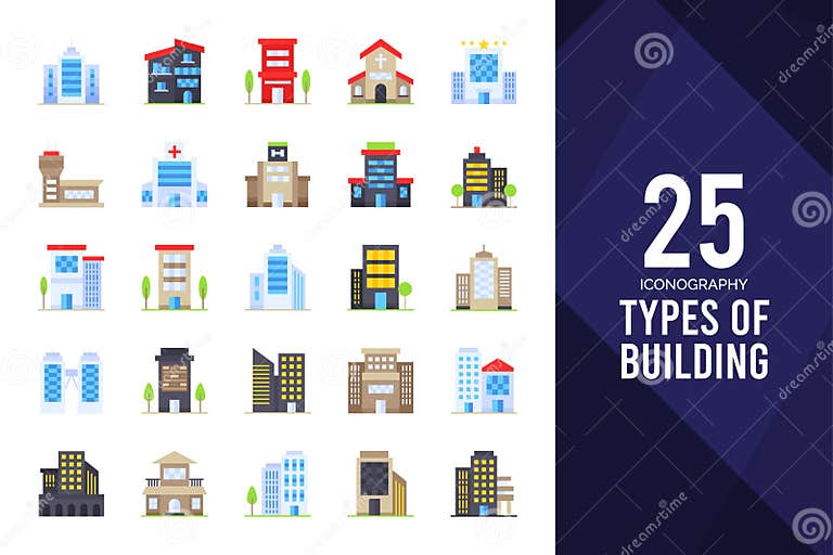 25 Types of Building Flat Icon Pack. Vector Illustration Stock Vector ...