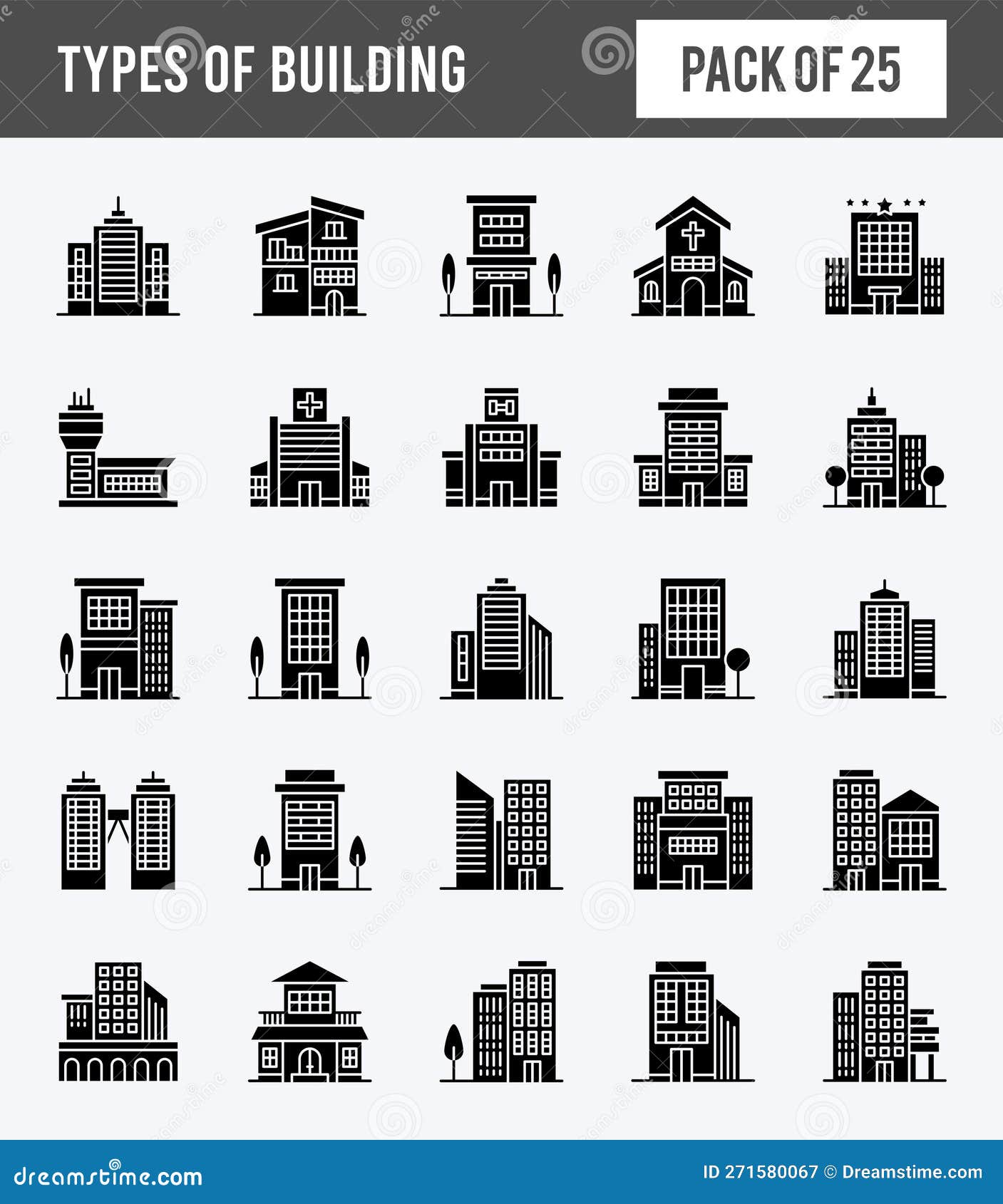 25 Types of Building Glyph Icon Pack. Vector Illustration Stock Vector ...