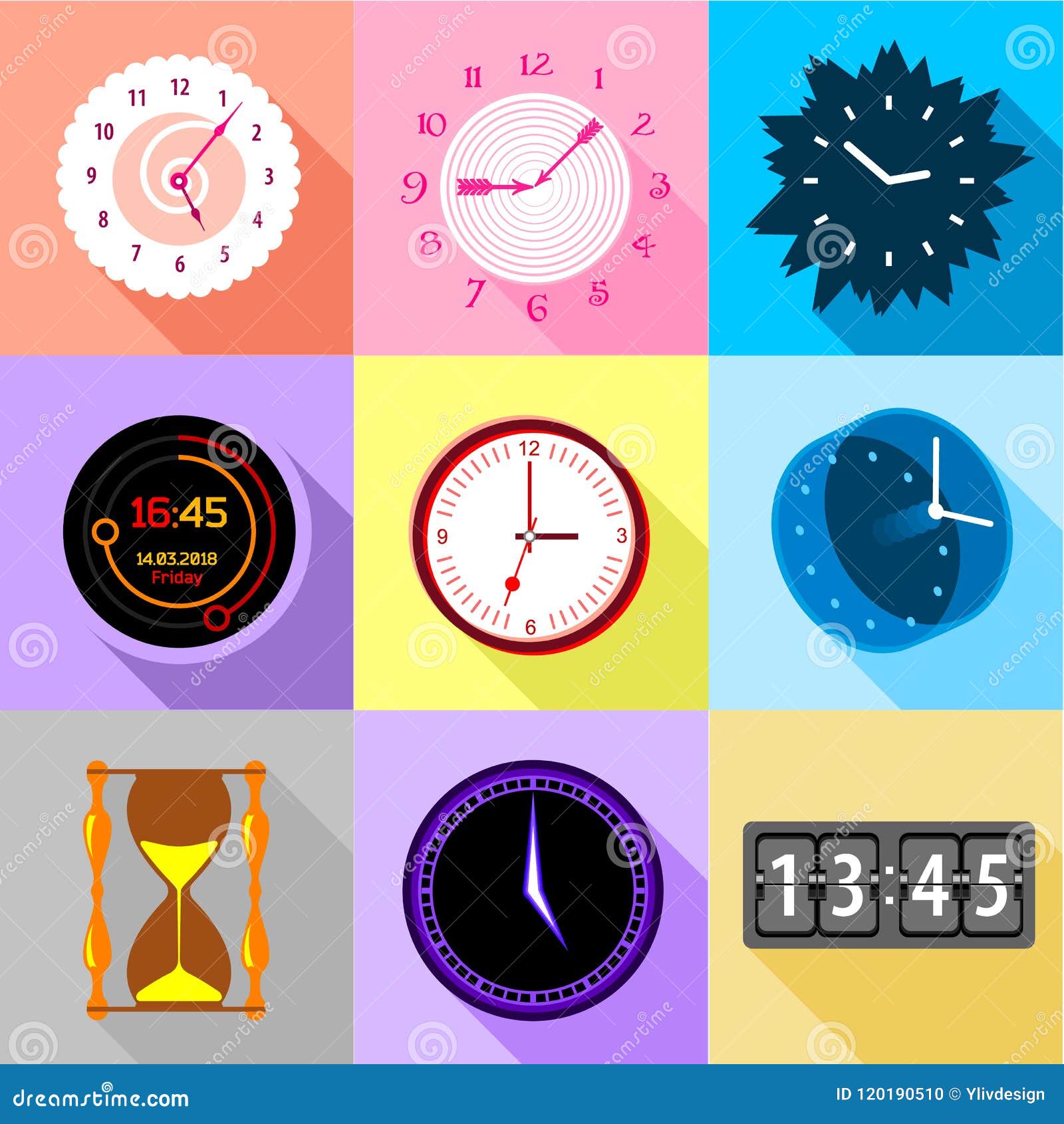 Types of Clock Icons Set, Flat Style Stock Vector - Illustration of ... Types of Clock Icons Set, Flat Style Stock Vector - Illustration of ...