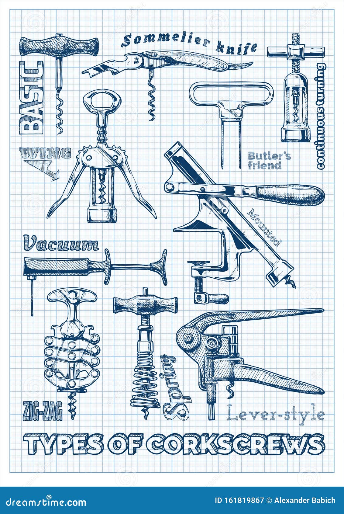 Types of corkscrews stock vector. Illustration of basic - 161819867