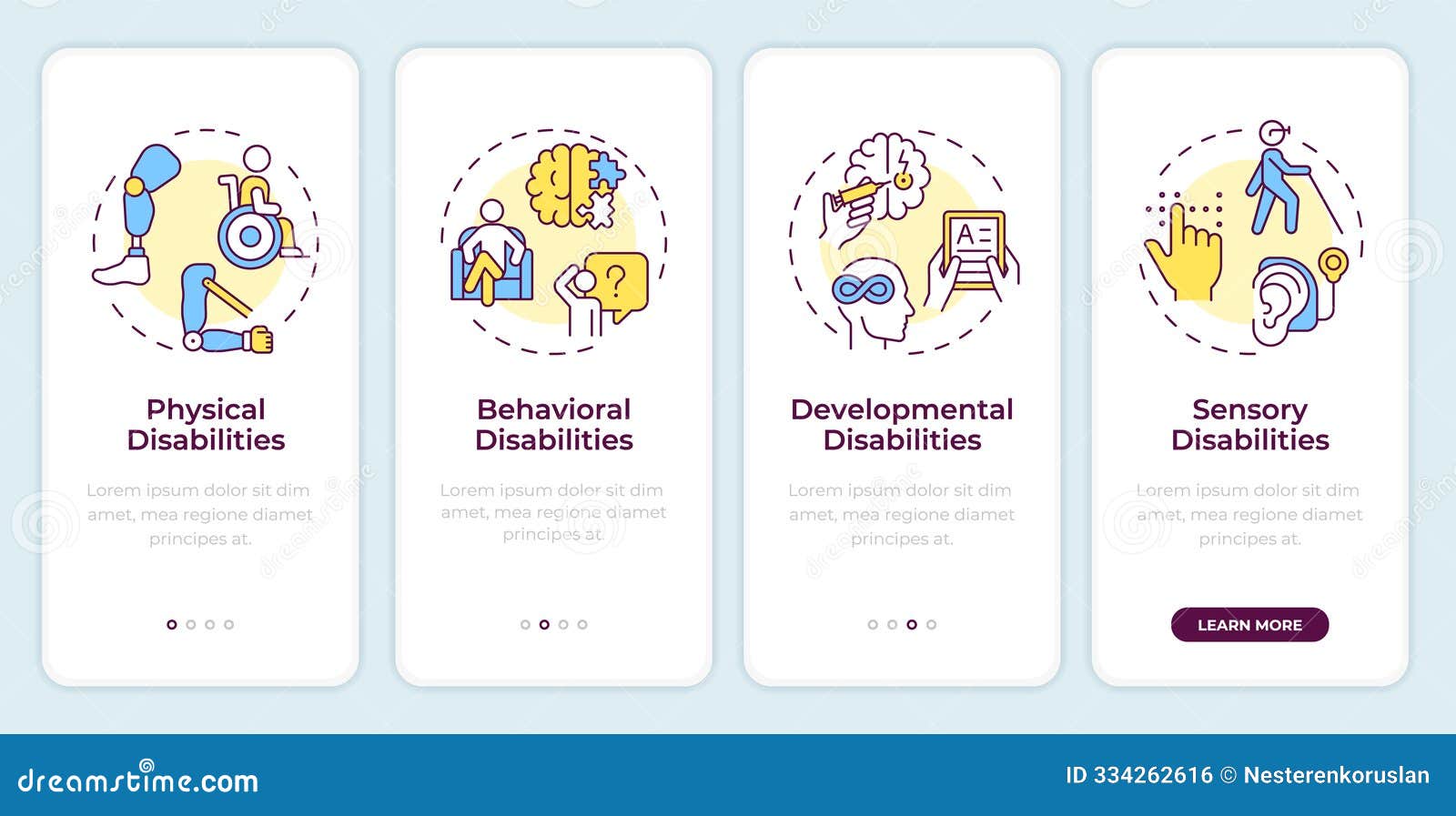 Types of Disabilities Onboarding Mobile App Screen Stock Vector ...