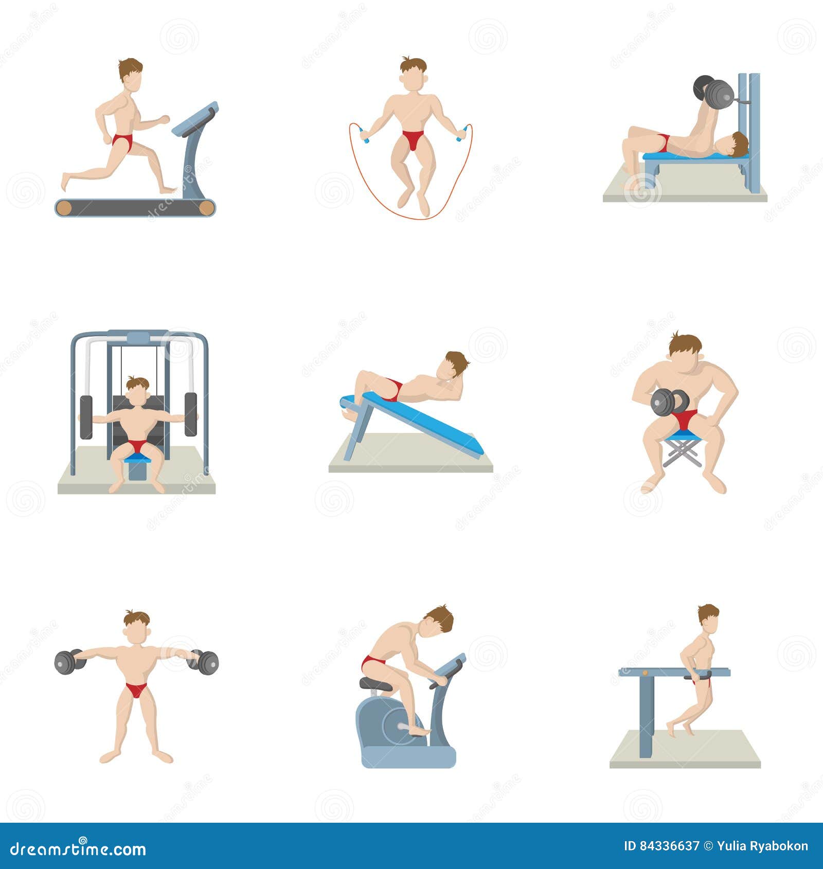 Types of Exercises in Gym Icons Set, Cartoon Style Stock Vector ...