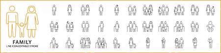 Types of Family Structure Icons Set in Line Style. Stock Vector ...
