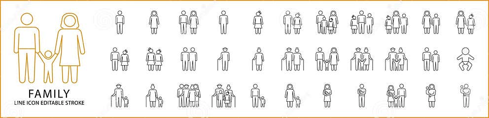 Types of Family Structure Icons Set in Line Style. Stock Vector ...