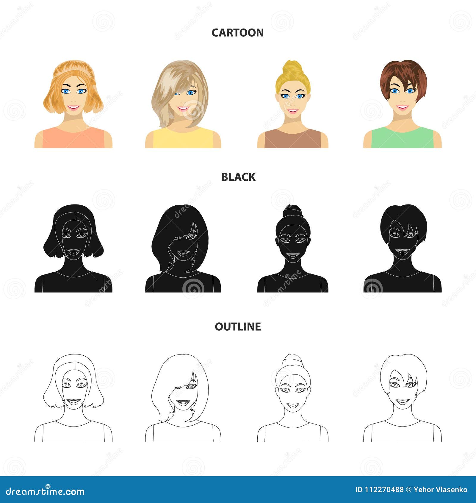 Types Of Female Hairstyles Cartoon Black Outline Icons In Set