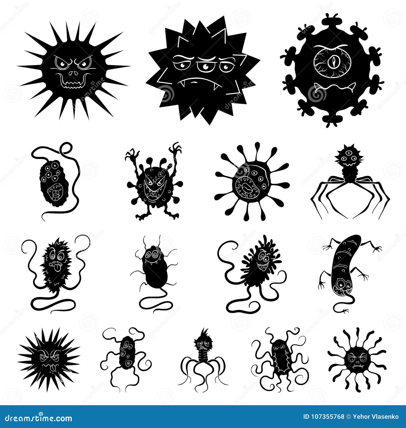 Types of Funny Microbes Black Icons in Set Collection for Design ...