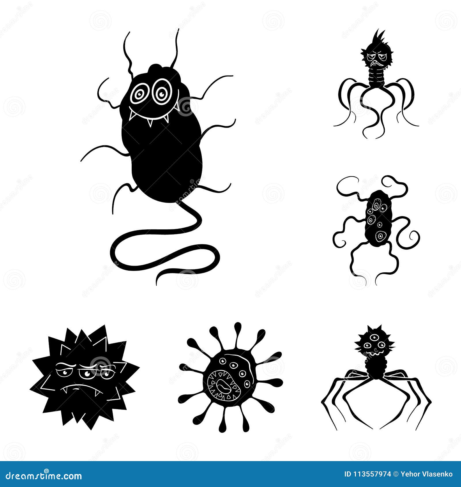 Types of Funny Microbes Black Icons in Set Collection for Design ...