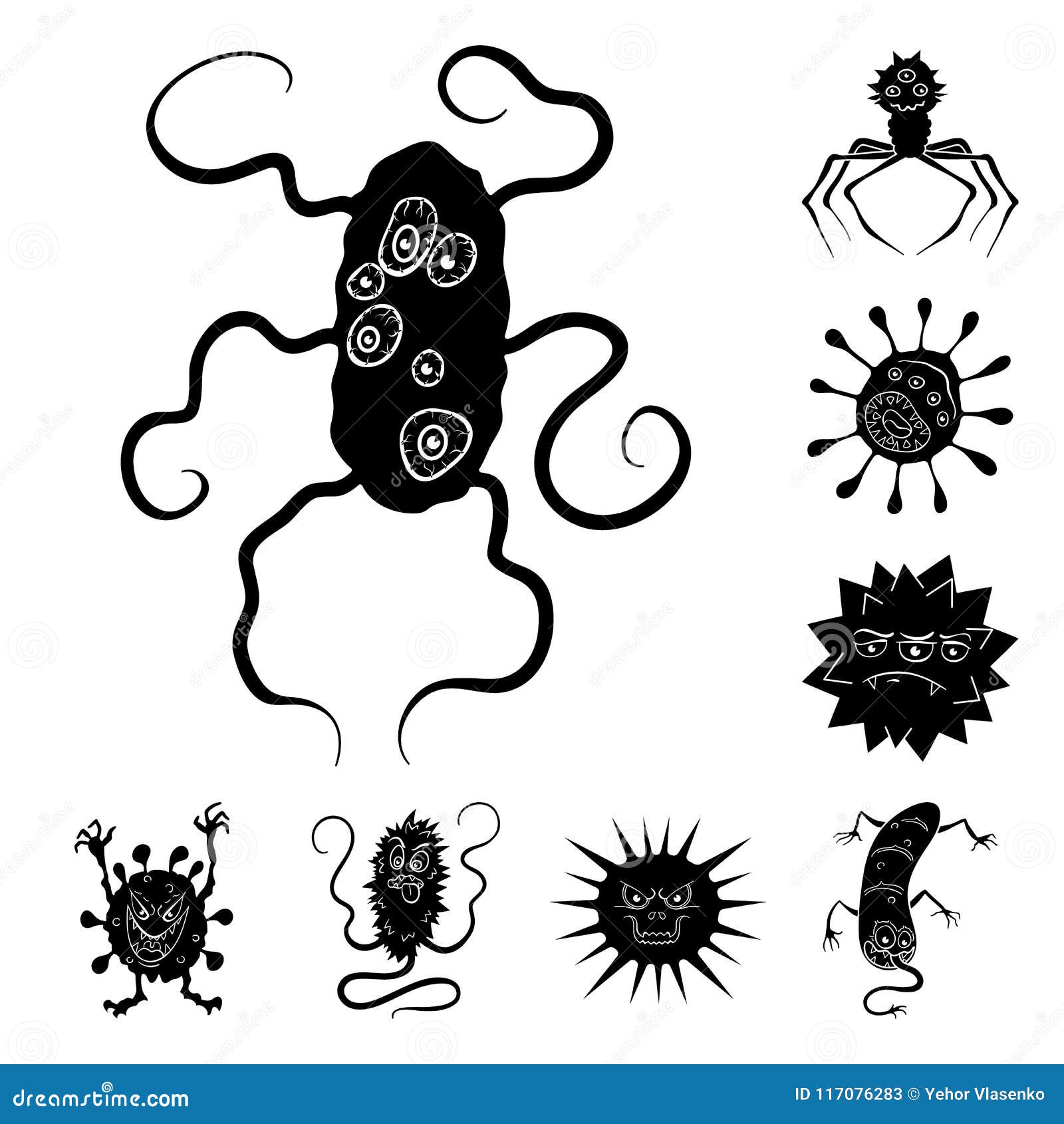 Types of Funny Microbes Black Icons in Set Collection for Design ...