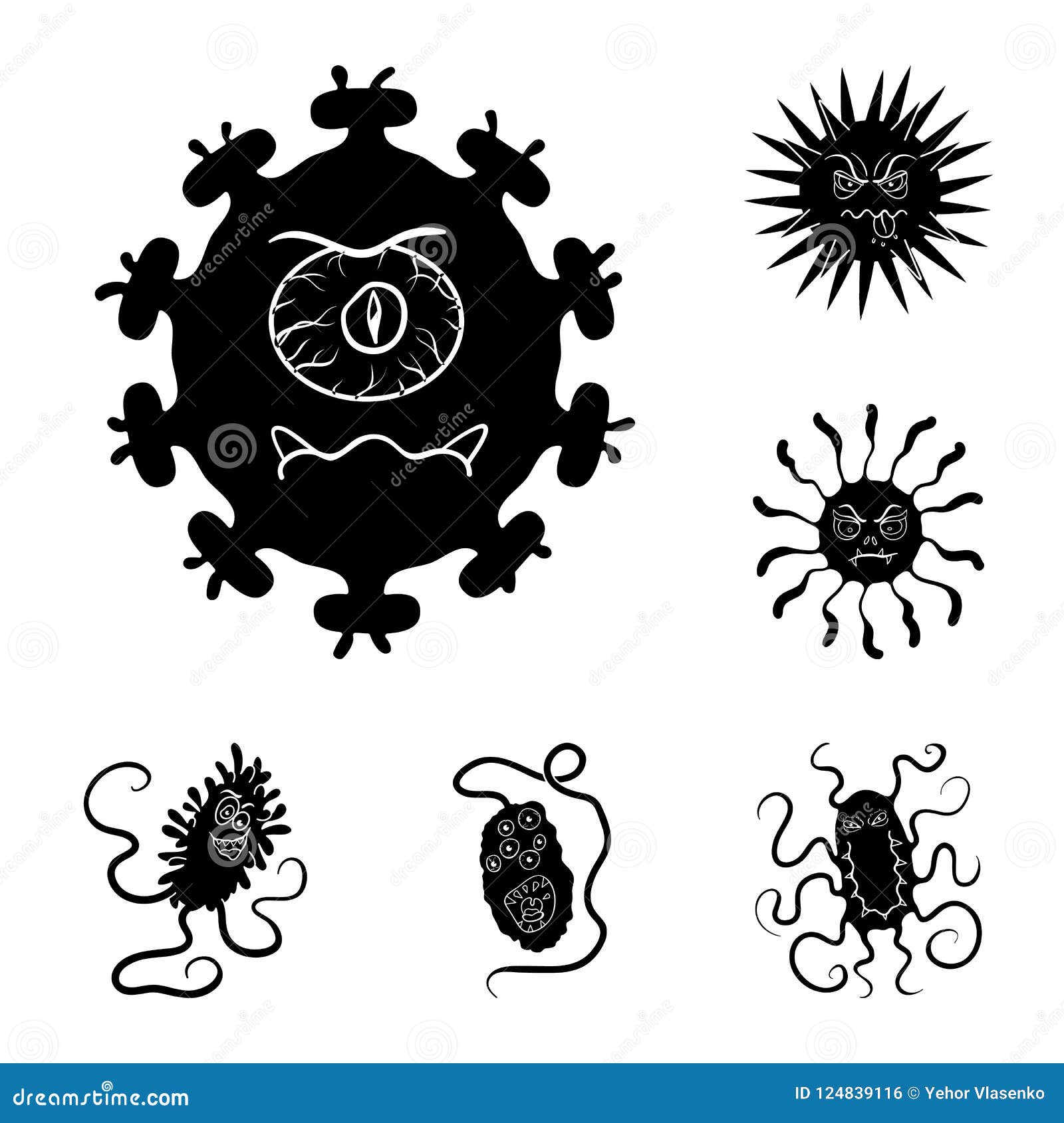 Types of Funny Microbes Black Icons in Set Collection for Design ...