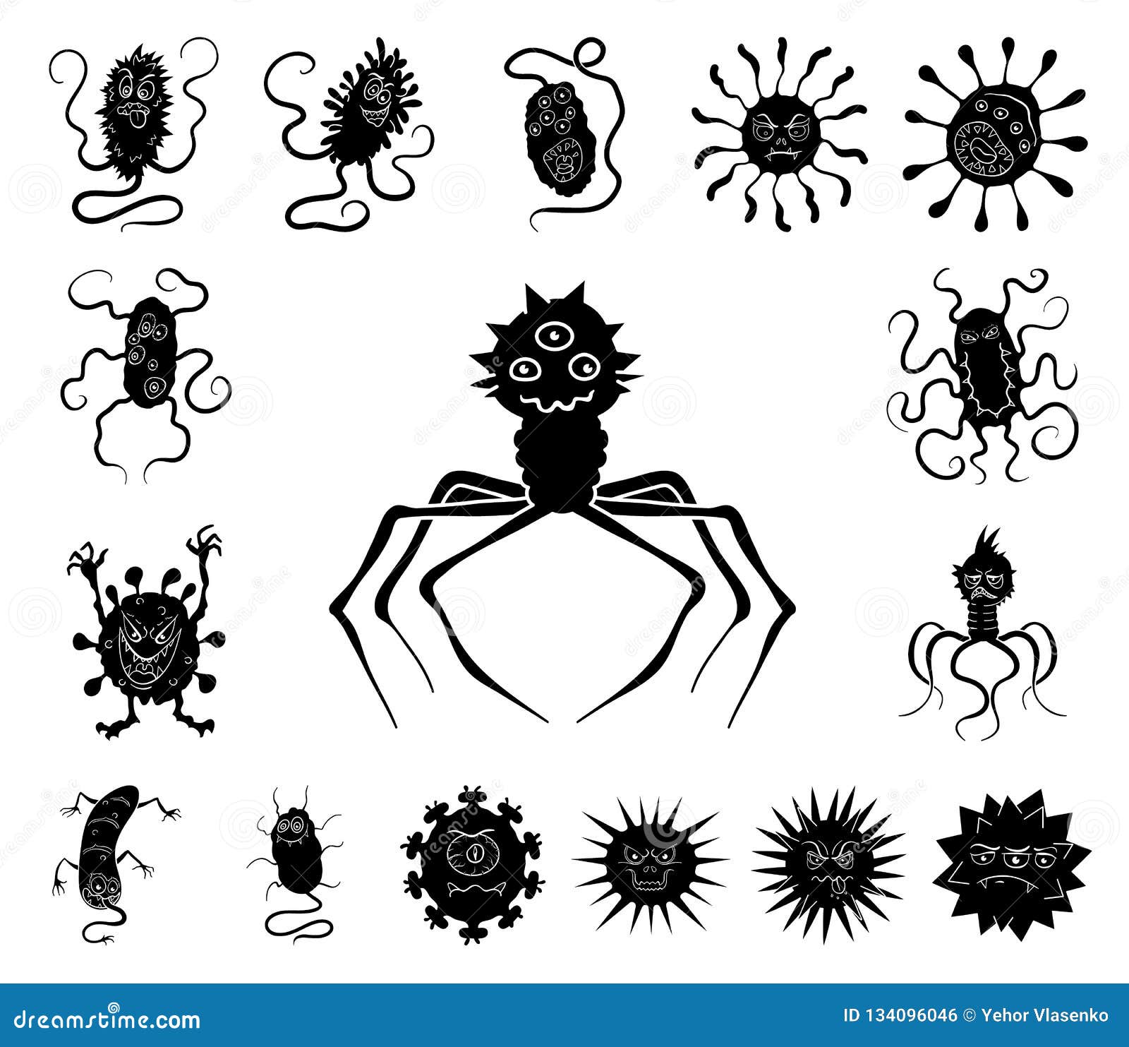 Types of Funny Microbes Black Icons in Set Collection for Design ...