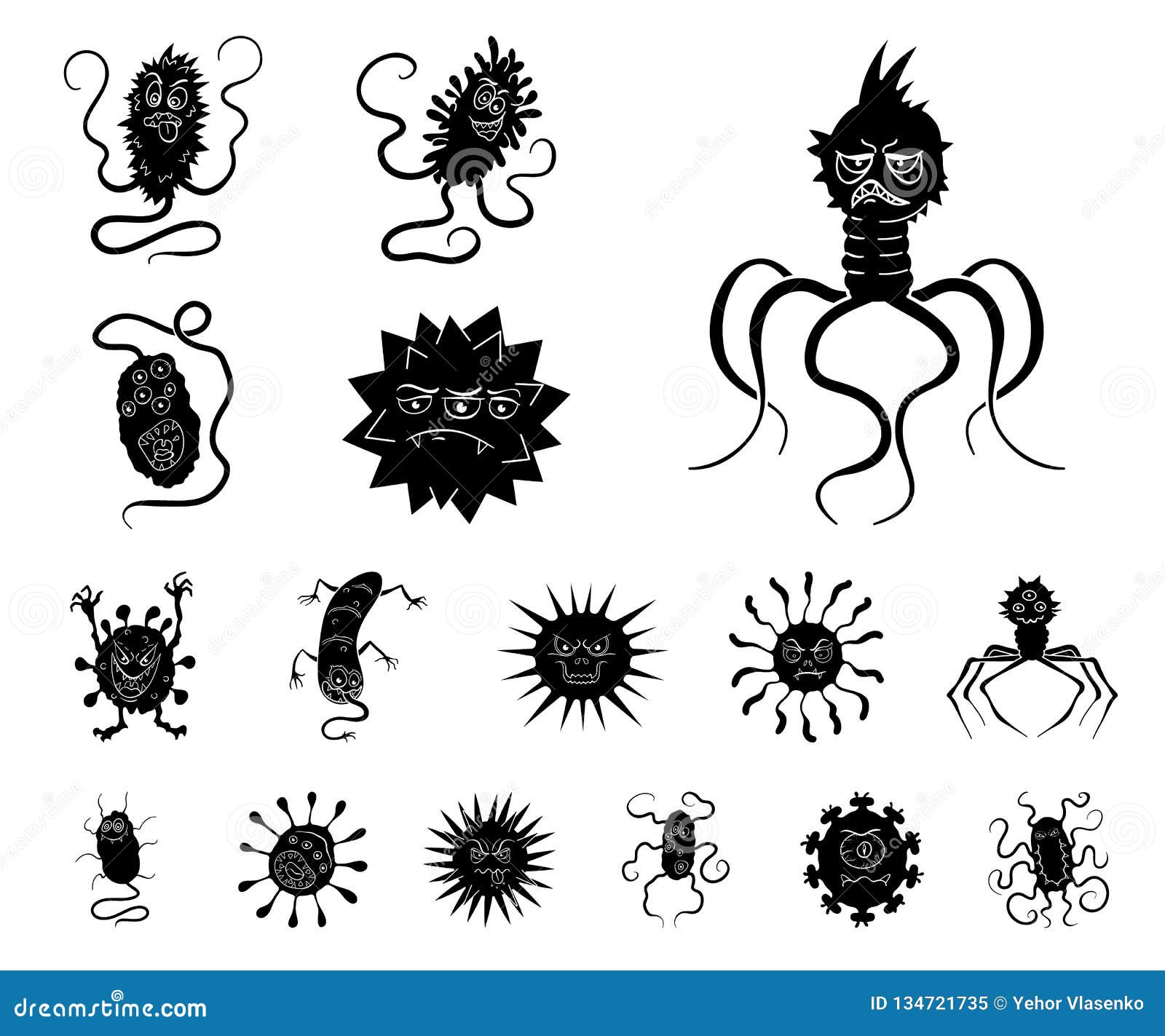 Types of Funny Microbes Black Icons in Set Collection for Design ...