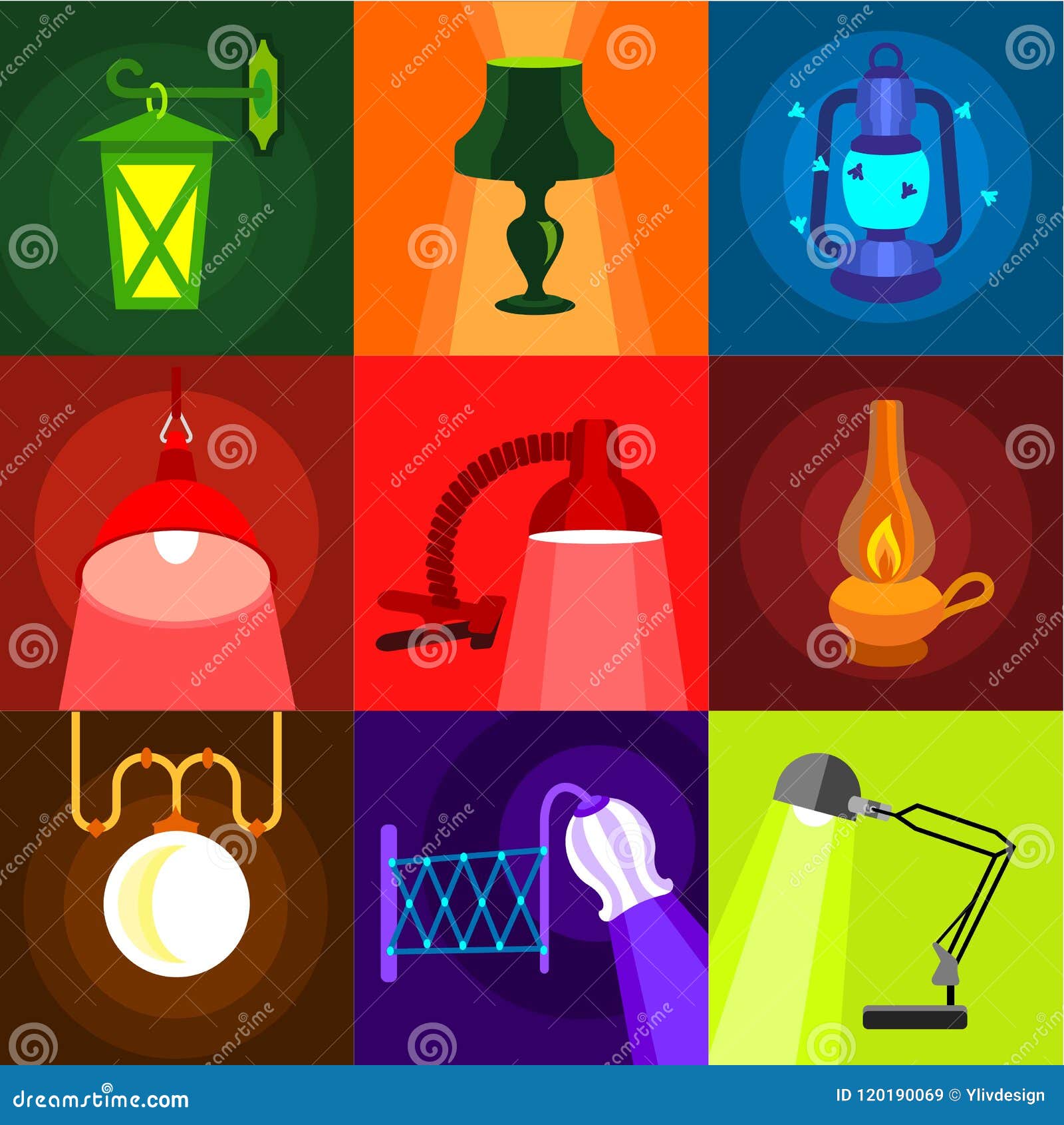 Types of Light Icons Set, Flat Style Stock Vector - Illustration of ...