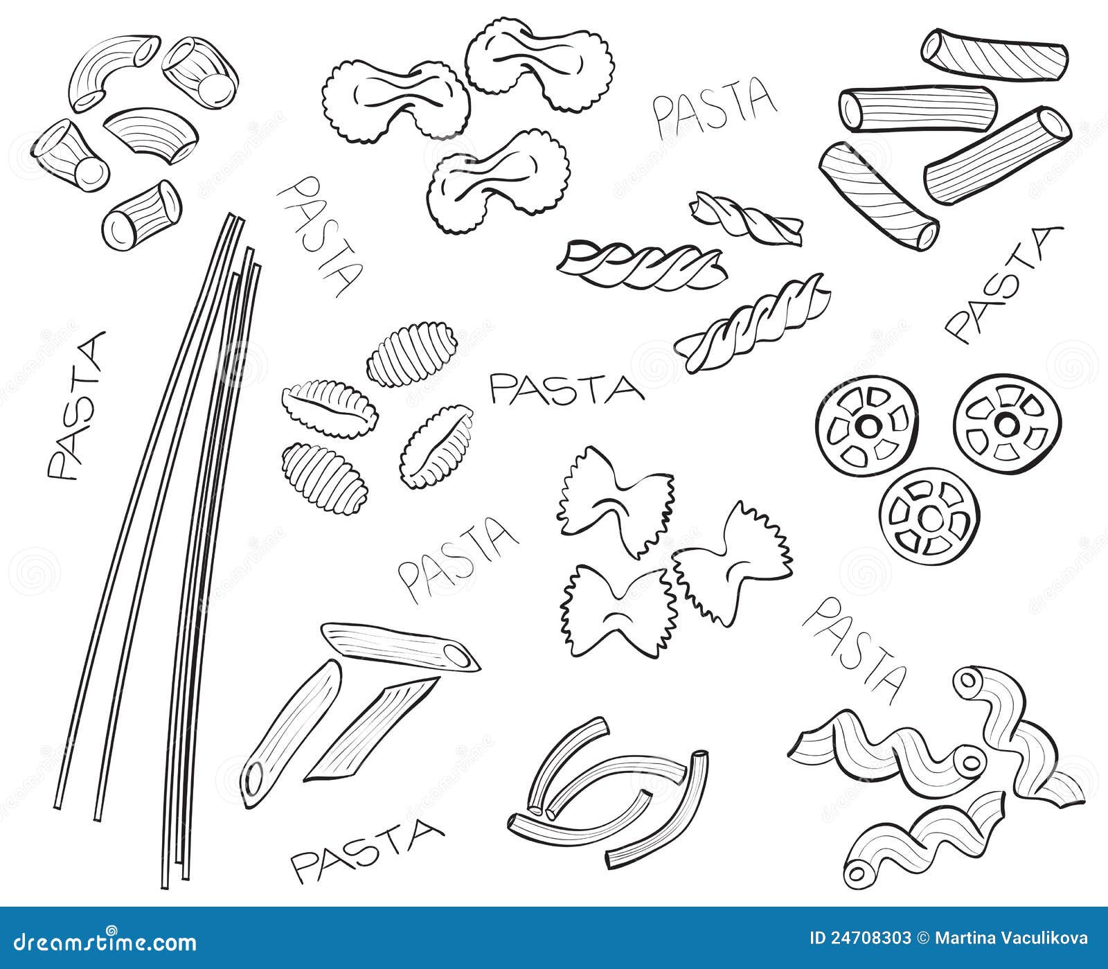 Pasta Set. Hand-drawn Cartoon Kinds Of Pasta. Doodle Drawing. Vector ...