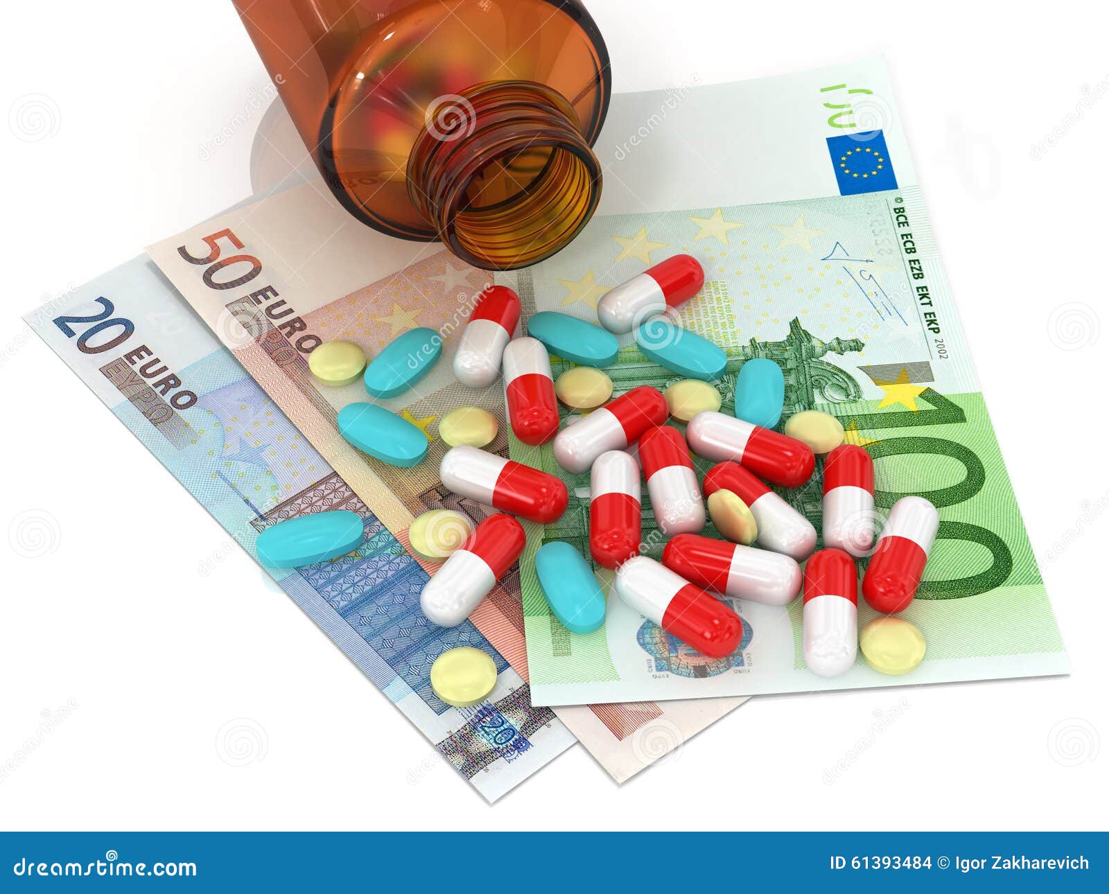 Types Of Pills Lying On Euro Banknotes And Bottle Of Pills On Stock ...