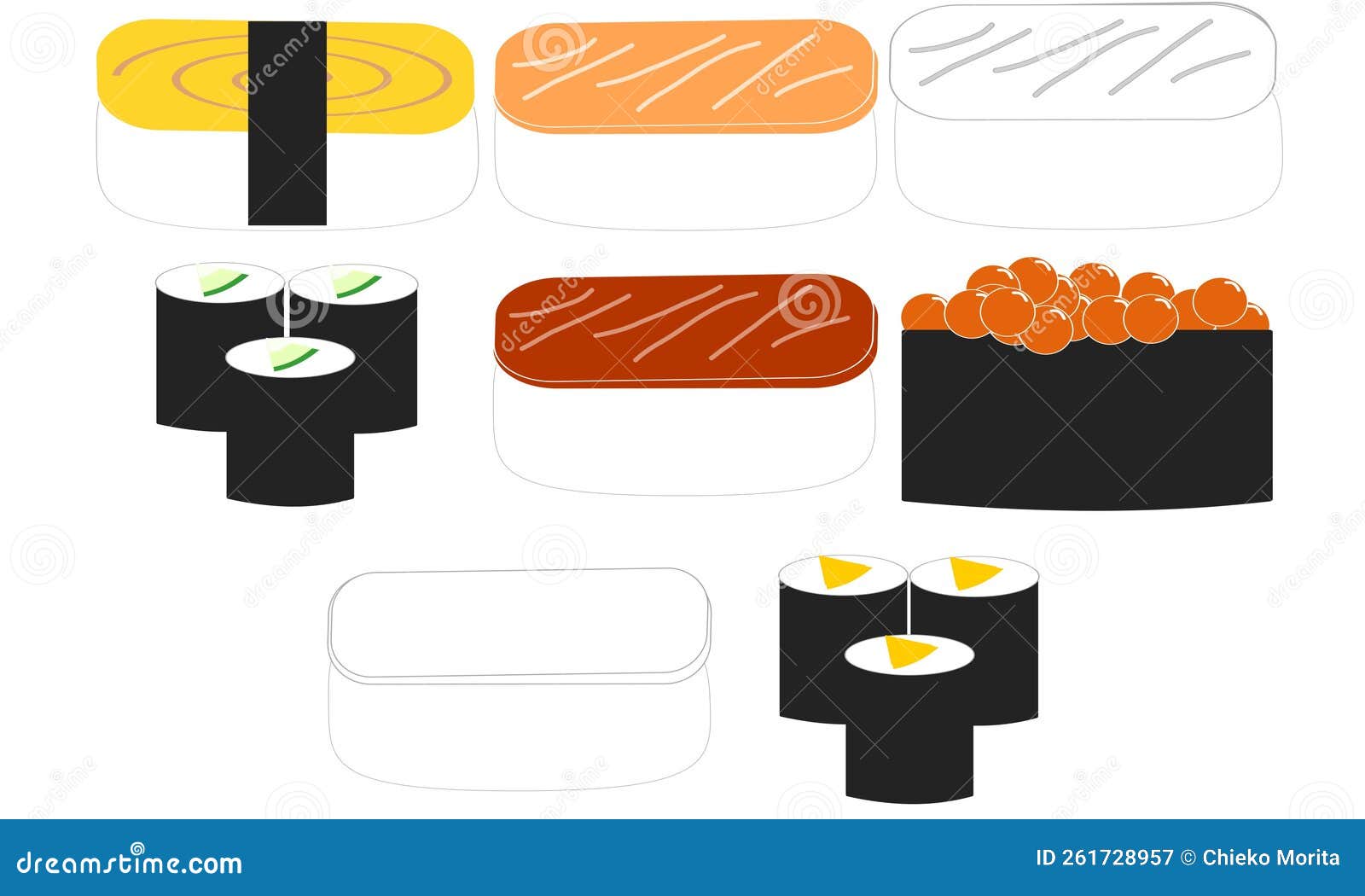8 types of sushi icons stock vector. Illustration of text - 261728957
