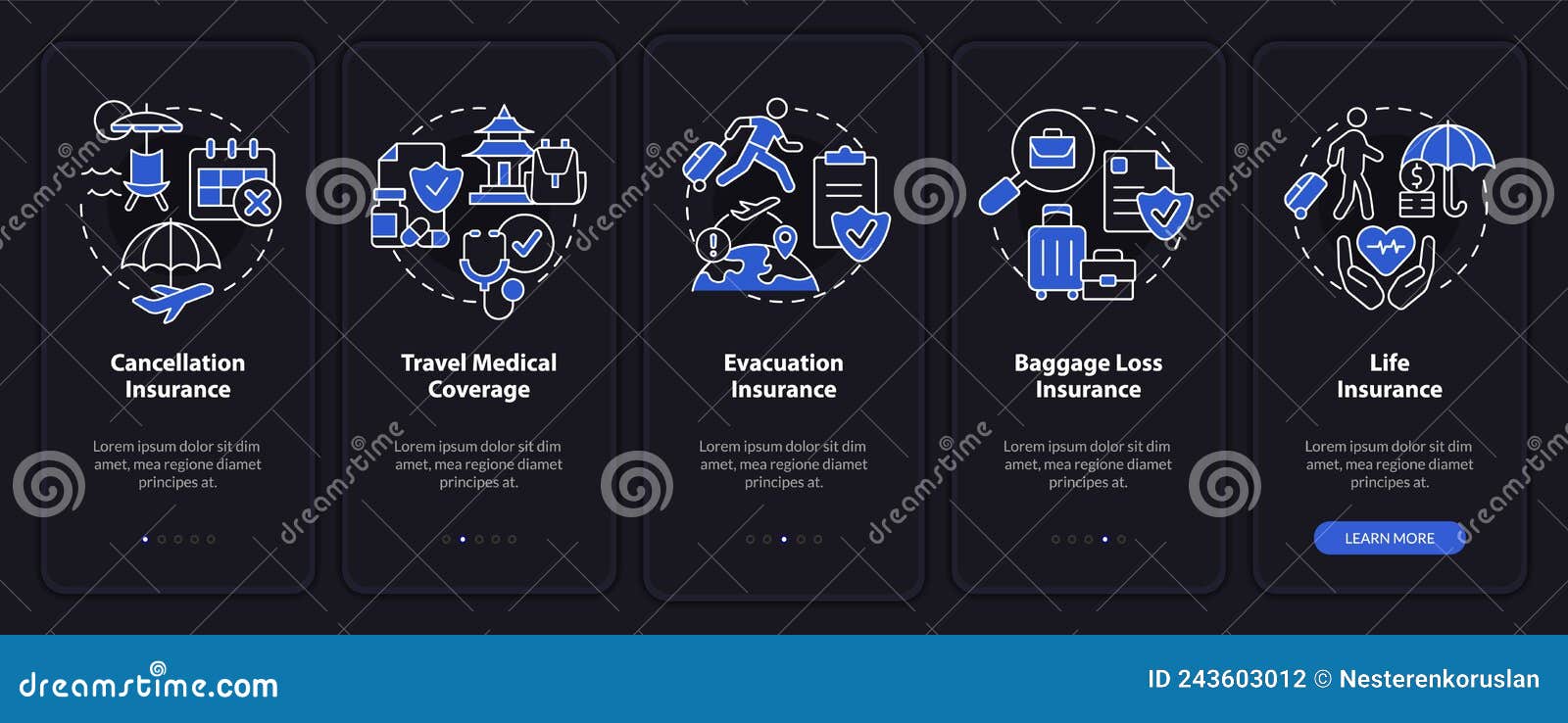 Types of Travel Insurance Night Mode Onboarding Mobile App Screen Stock ...