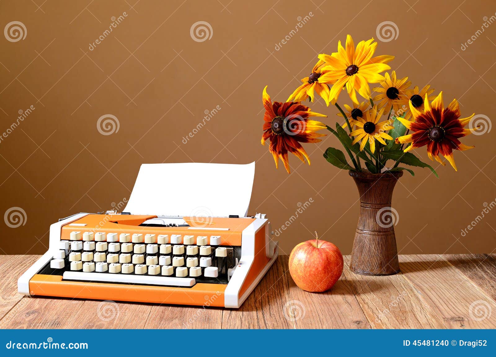Typewriter Apples and Flowers in a Vase Stock Photo - Image of home ...
