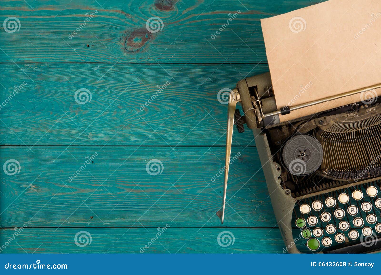 Typewriter on the Blue Wooden Desk Stock Photo - Image of paper ...