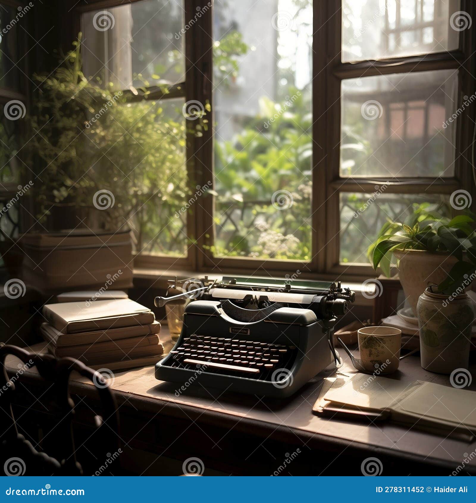 Typewriter and Books by the Window Front View Scene. Generative AI ...