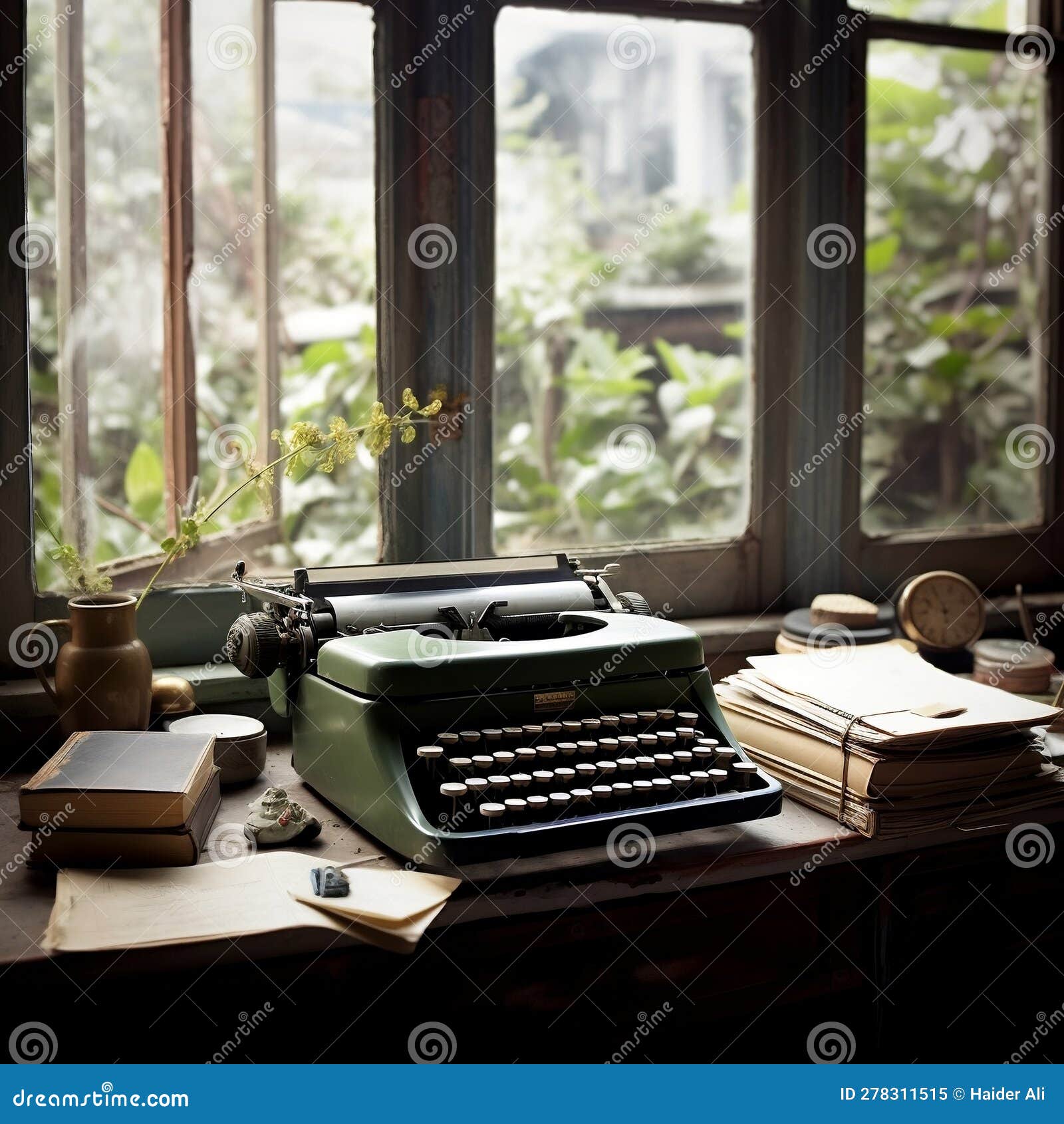 Typewriter and Books by the Window Front View Scene. Generative AI ...