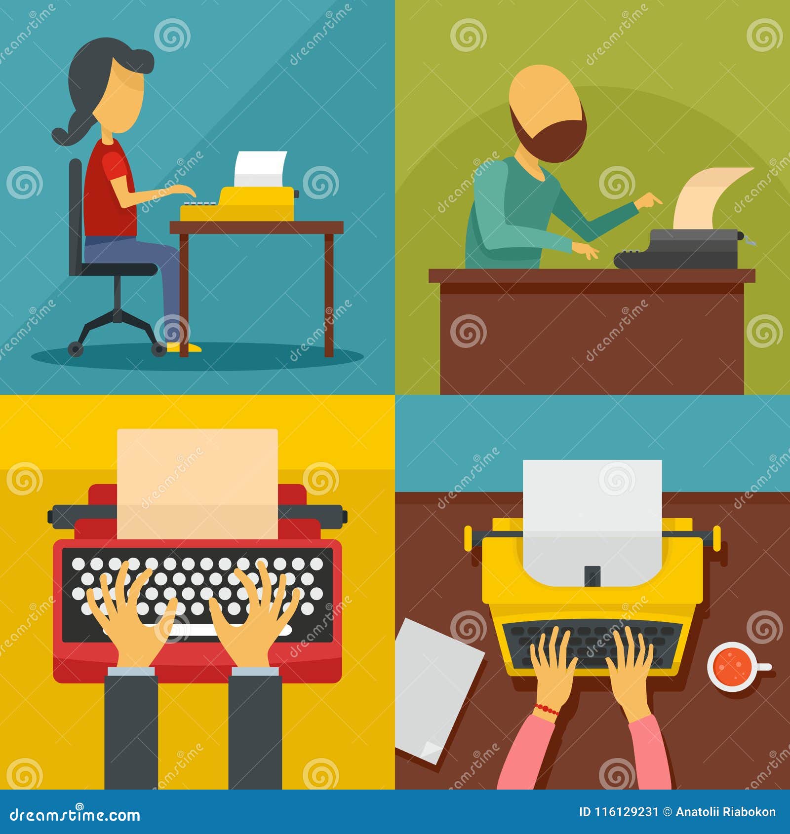 Typewriter Machine Banner Concept Set, Flat Style Stock Vector ...