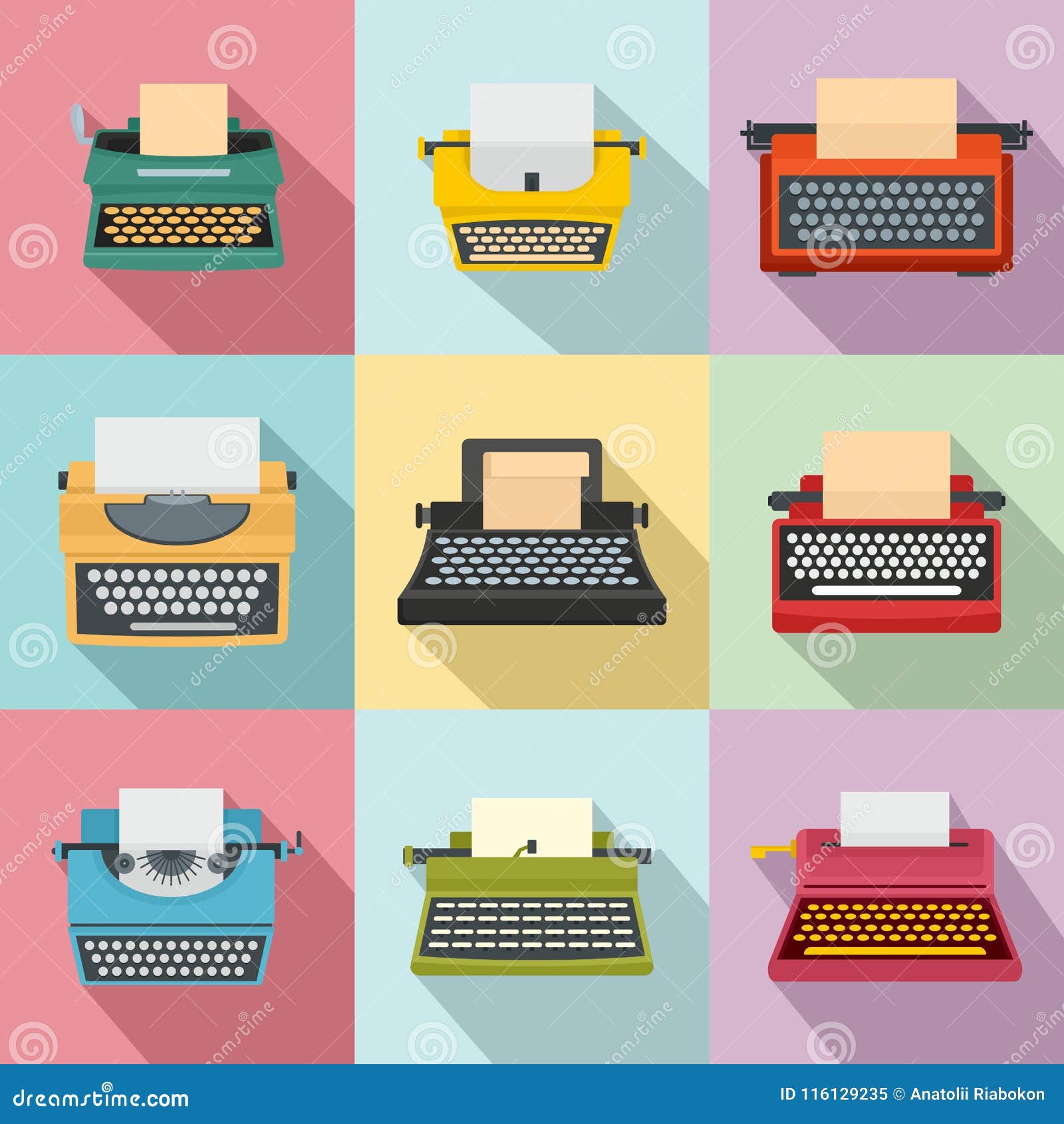 Typewriter Machine Keys Old Icons Set, Flat Style Stock Vector ...