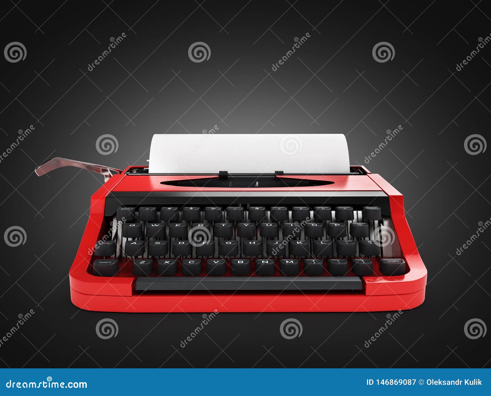Typewriter with Sheet of Paper Front View on Black Gradient Background ...