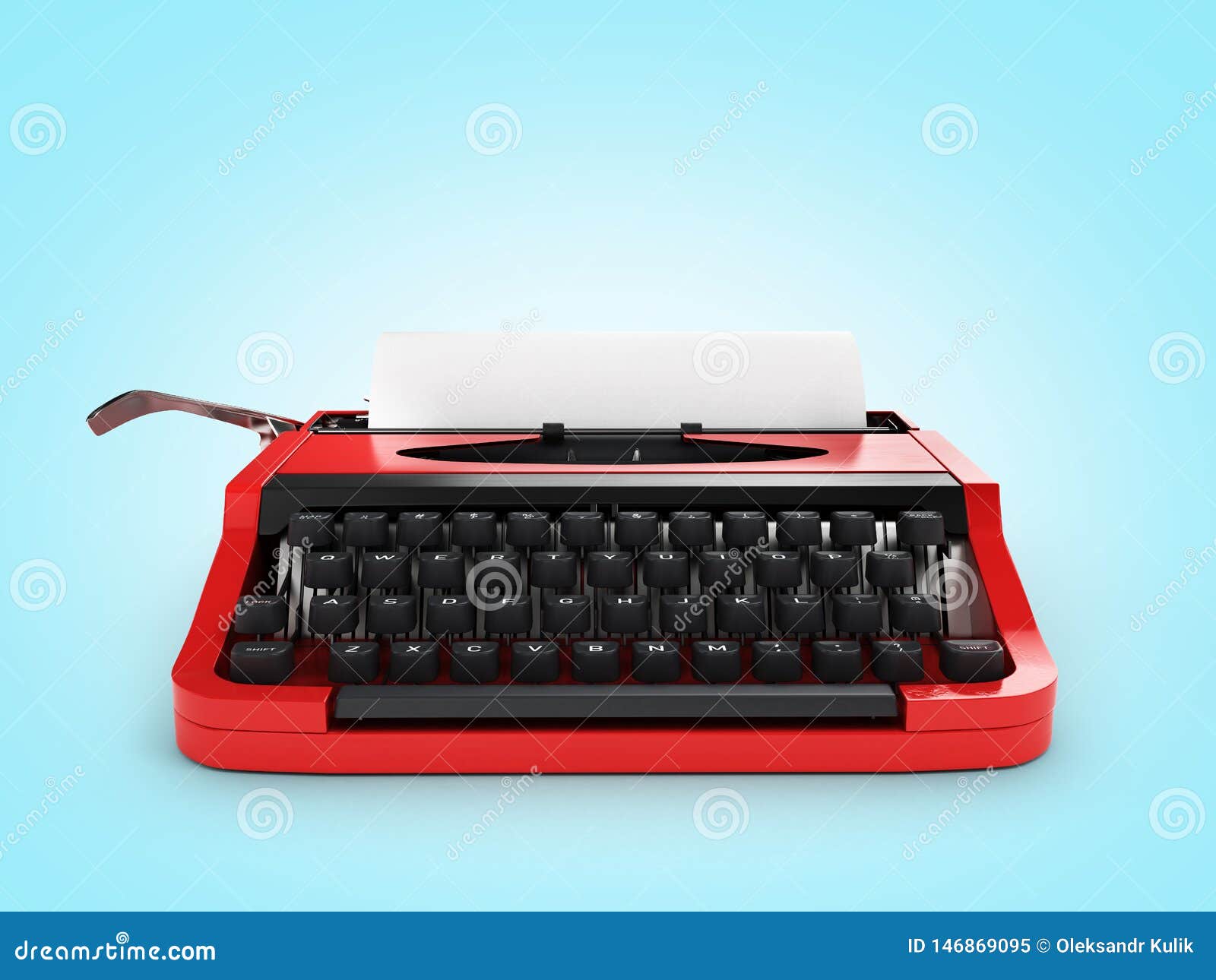 Typewriter With Sheet Of Paper Front View On Blue Gradient Background ...