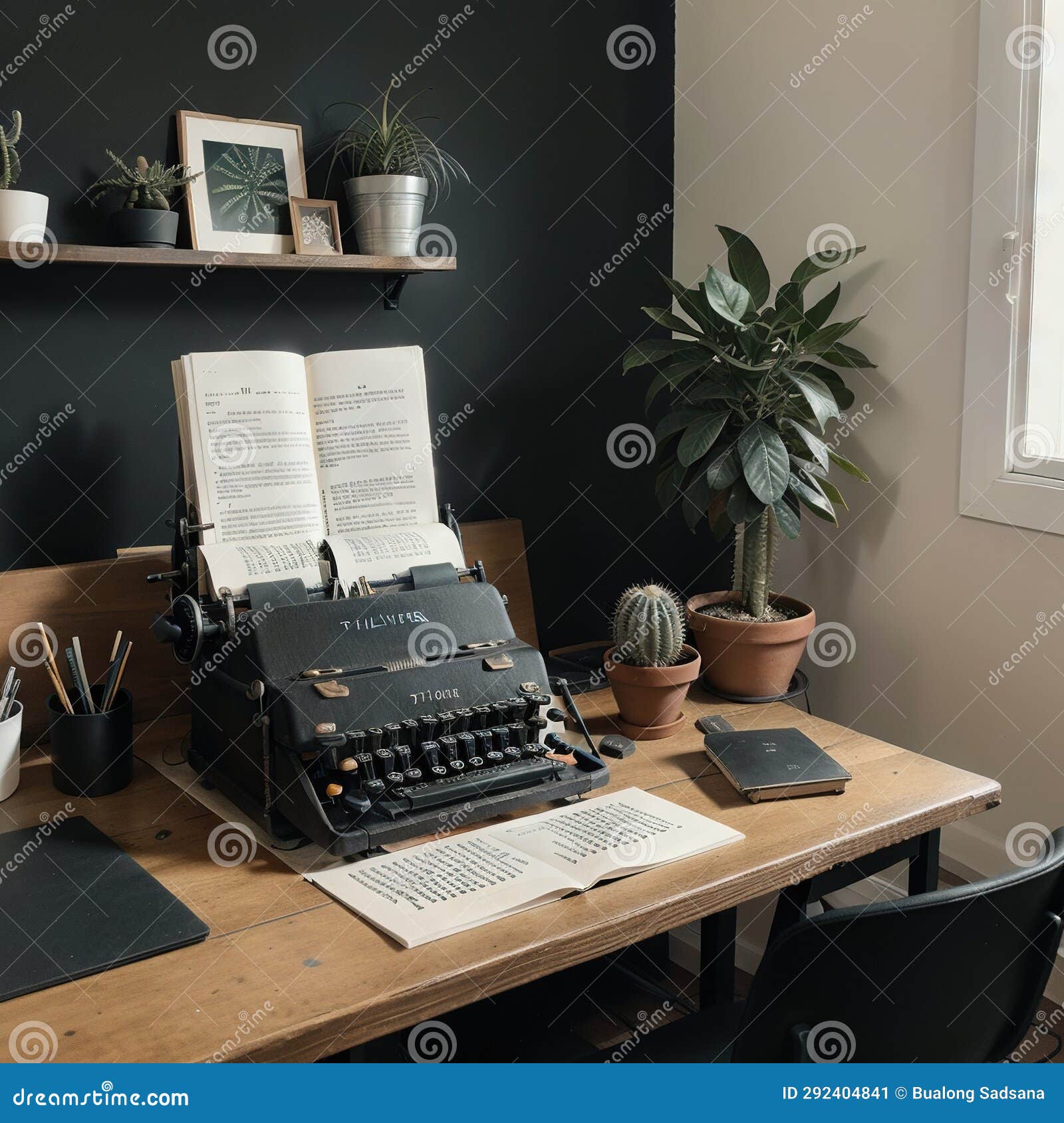 Typewriter and Stack of Papers on Dark Table in Room Writer S Workplace ...