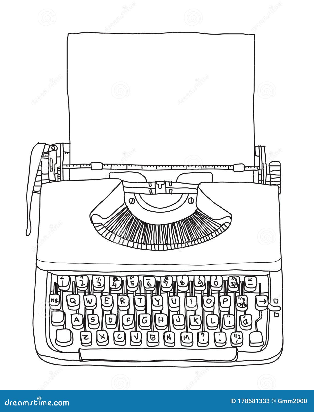 Typewriter Vintage with Paper Hand Drawn Cute Vector Line Art Stock ...