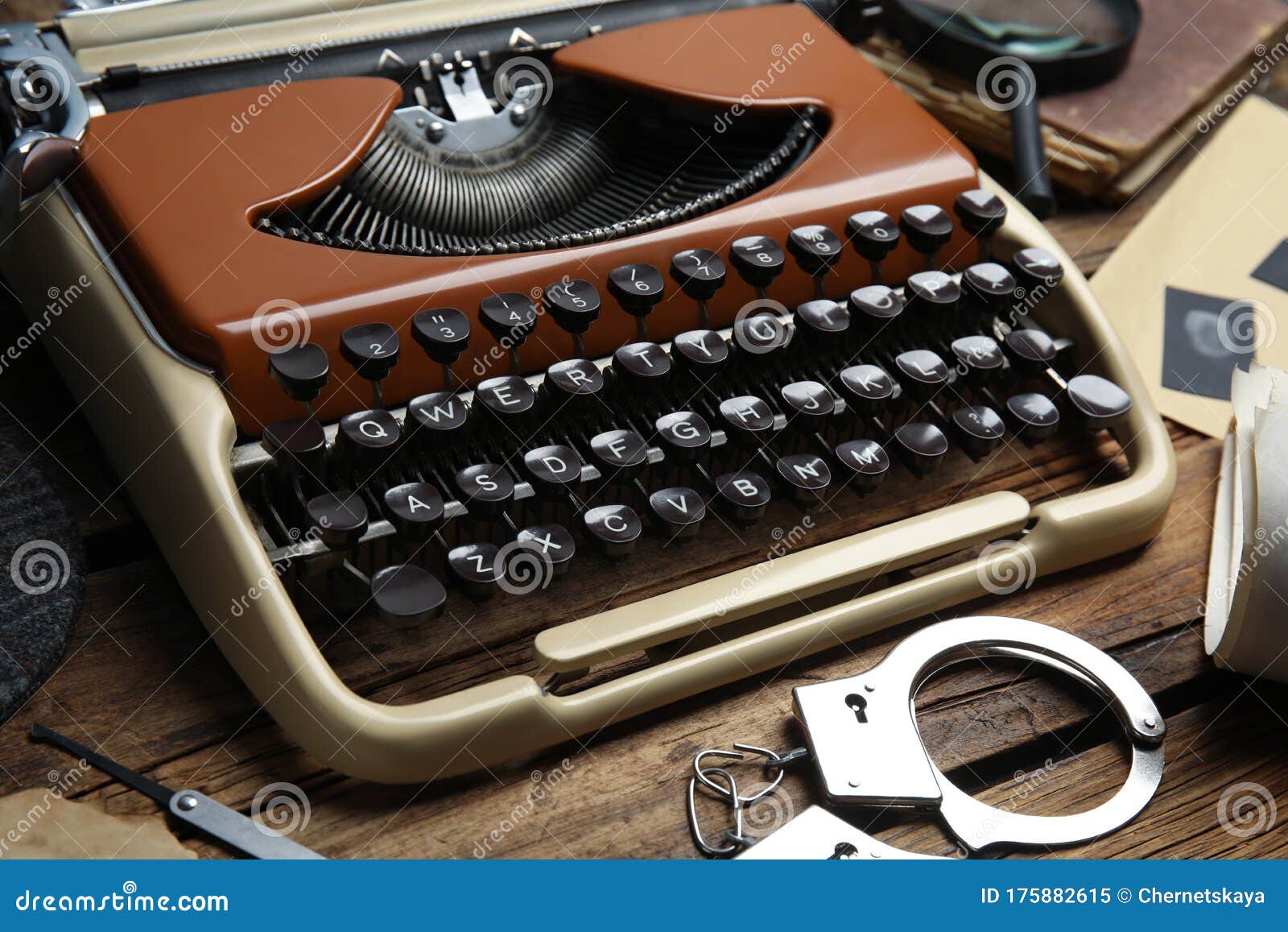 Typewriter on Wooden Table. Detective`s Workplace Stock Image - Image ...